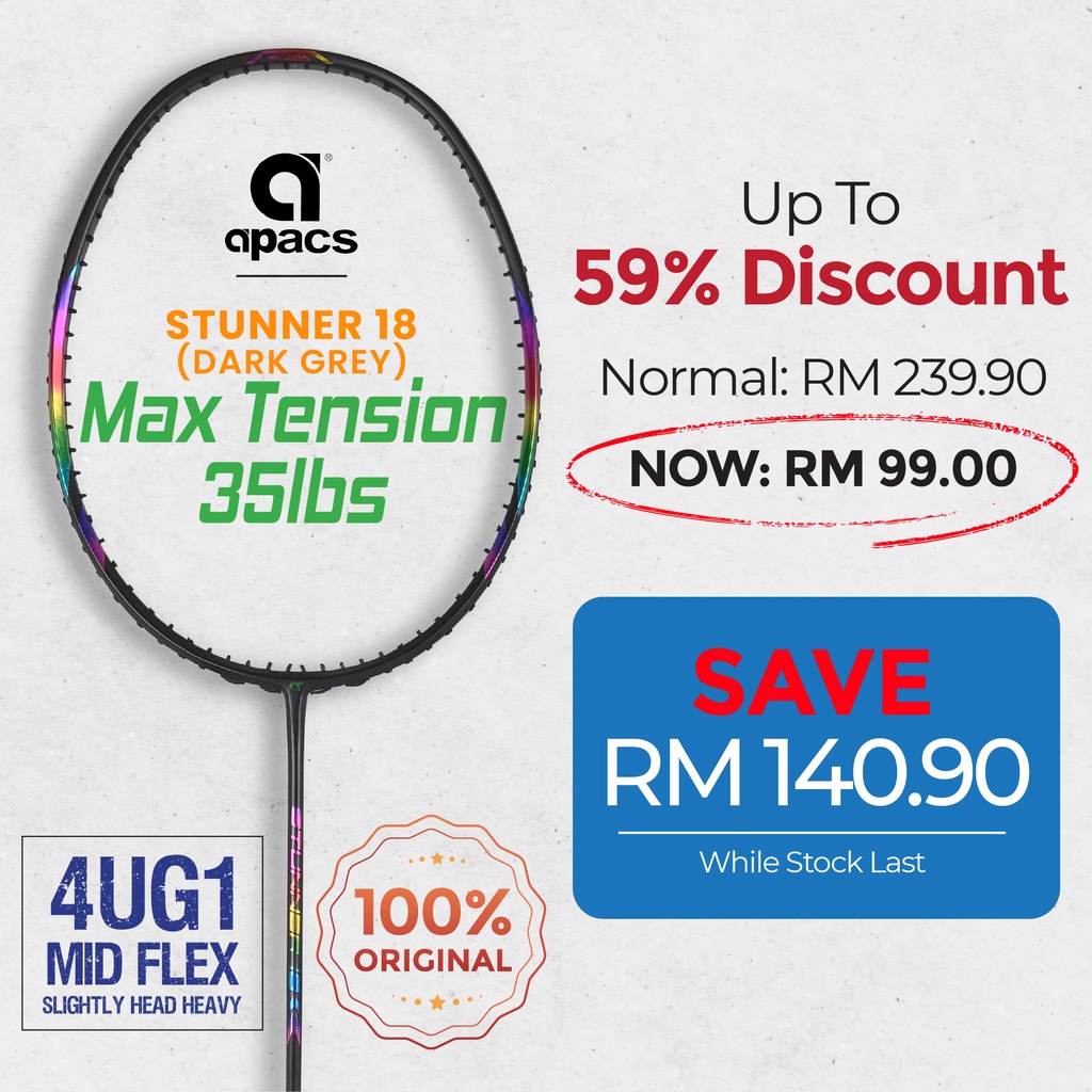 APACS Stunner 18 (Dark Grey) Badminton Racket - 4UG1 Max Tension 35LBS ...