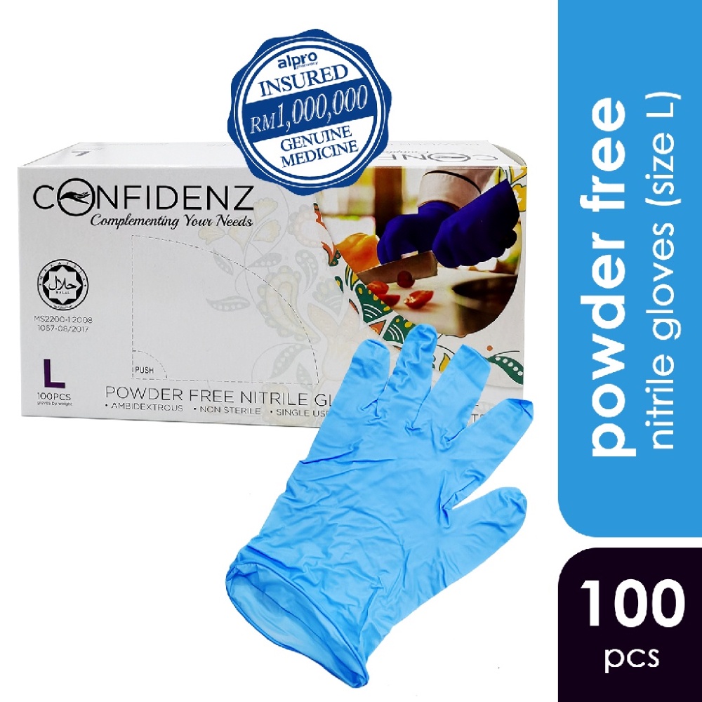 Confidenz Glove 9inch Nitrile Powder Free Glove Low Derma Size L (4.6g ...