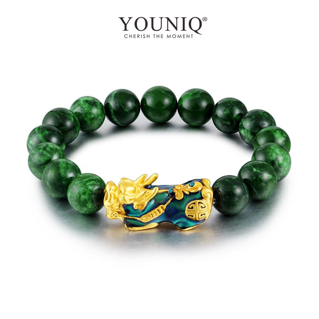 YOUNIQ 24K Gold Pixiu Green Emerald Lucky Fortune Men Bracelet ...