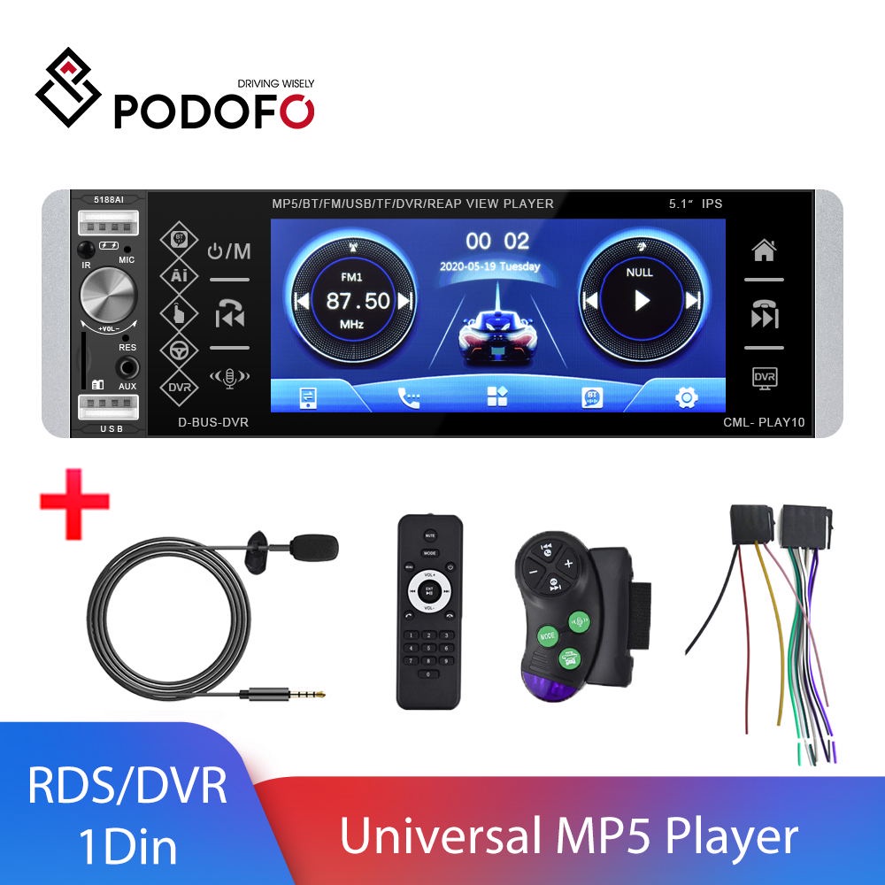 Podofo 1 Din 5.1'' Universal RDS MP5 Car Radio Player Music Movie ...