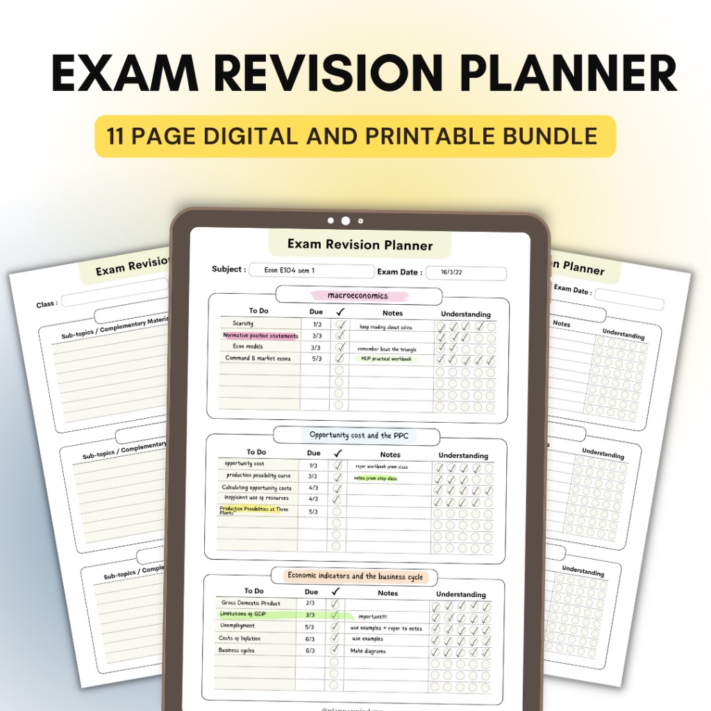 Exam Revision Study Planner | Printable, Digital Template Tracker for ...