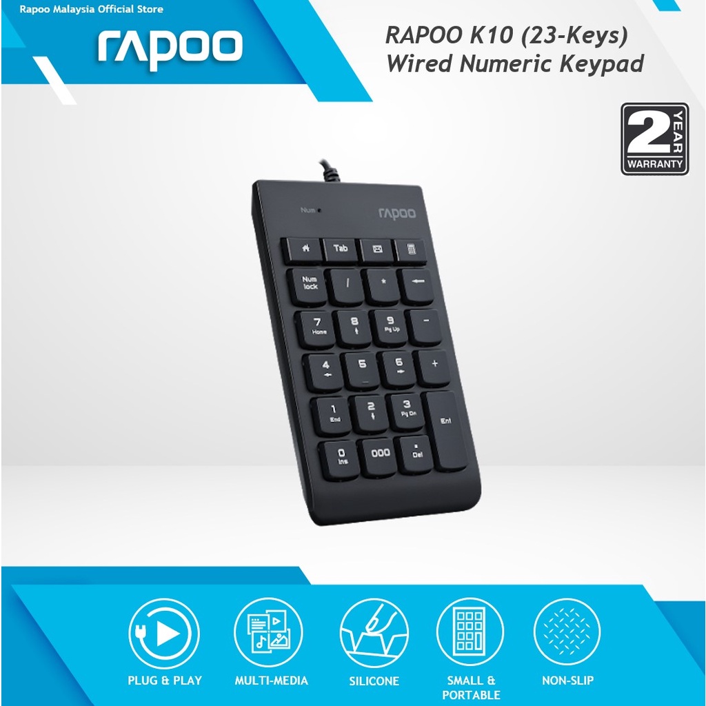 Rapoo K10 Compact Wired Numeric Keypad Number Pad Num Pad 23 Keys 3 Years Warranty