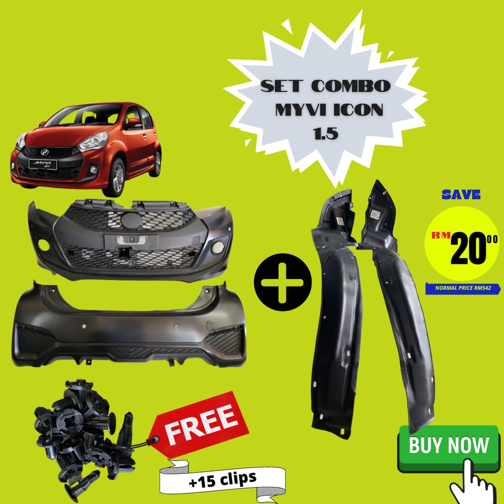 BUMPER MYVI ICON 1.5 DEPAN BELAKANG + FENDER COVER + FREE 15 CLIPS SET ...