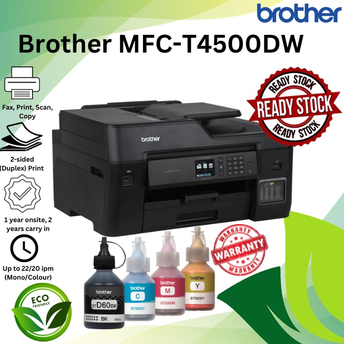 Brother T4500DW A3 Duplex Feeder Wifi Inkjet Refill Ink Tank Printer ...