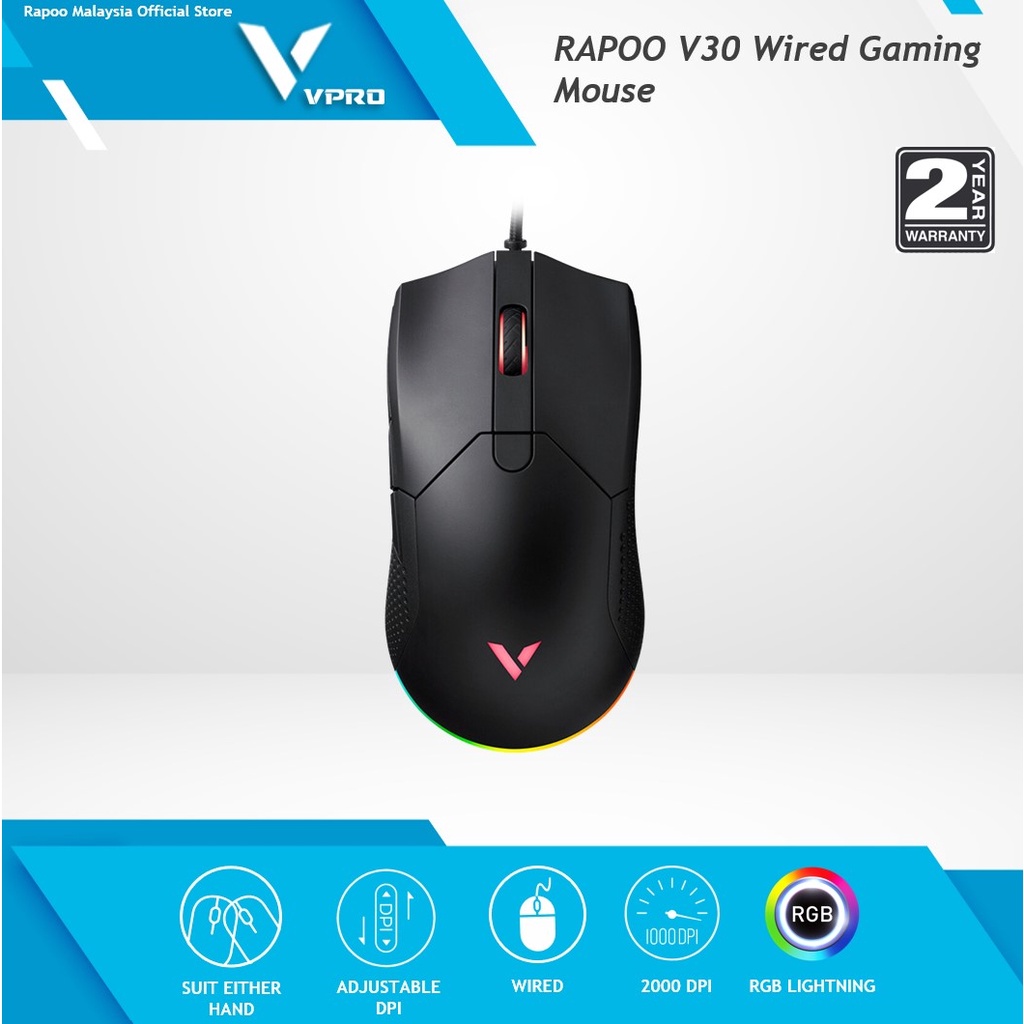 Rapoo V30 IR Optical Wired Gaming Mouse 3600DPI / RGB Lighting - 2 Years Warranty | Shopee Malaysia