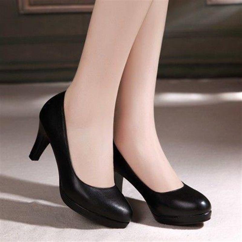 New Soft Leather Round Toe High Heels Office Mid-Heel Professional Work ...