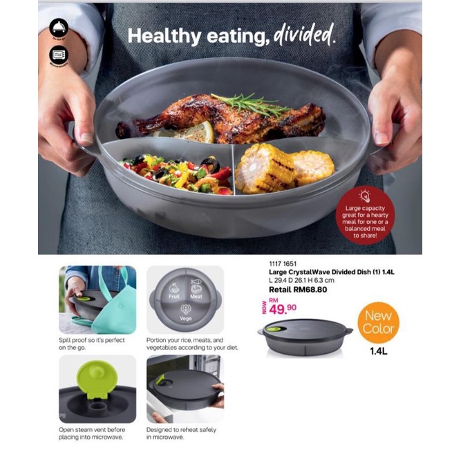 LARGE CRYSTALWAVE DIVIDED DISH / TUPPERWARE MICROWAVEABLE DIVIDED LUNCH ...