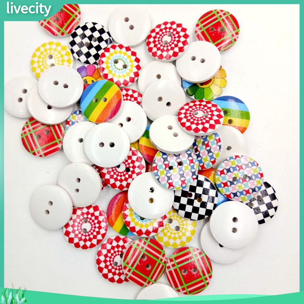 {livecity} 100 Pcs Multicolor Round Wood Two Hole Buttons Sewing Craft ...