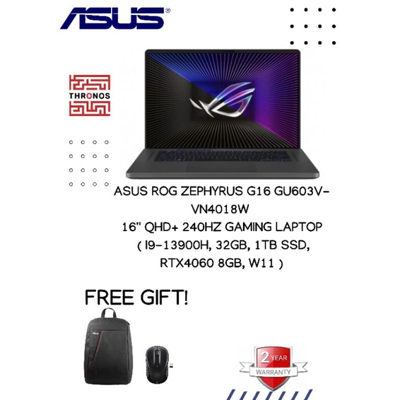 Asus ROG Zephyrus G16 GU603V-VN4018W 16'' QHD+ 240Hz Gaming Laptop ...