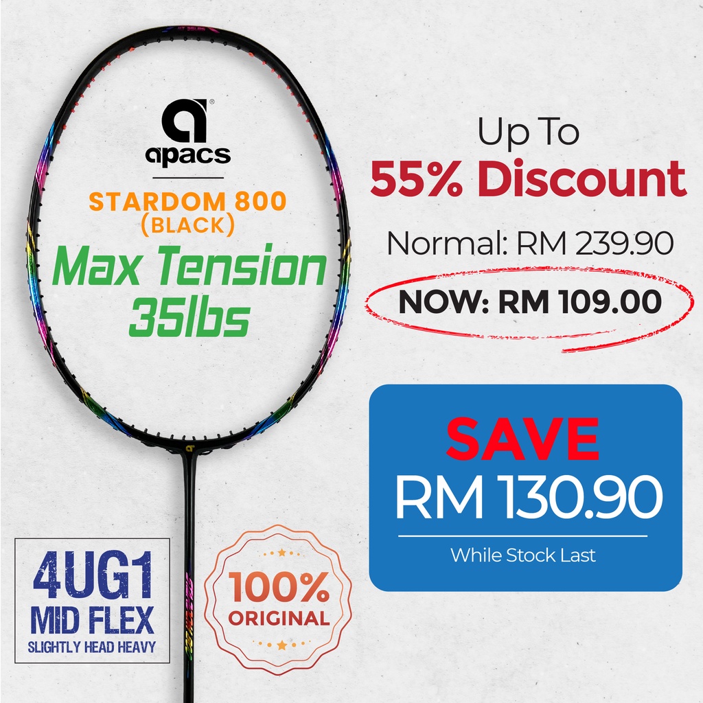 APACS Stardom 800 (Black) Badminton Racket - 4UG1 Max Tension 35LBS ...