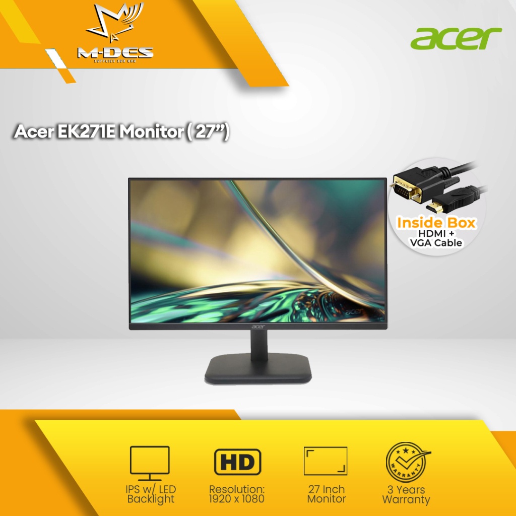 Acer E271 / EK271E 27" IPS FHD 75Hz 1Ms FreeSync LCD Monitor / 1920 x ...