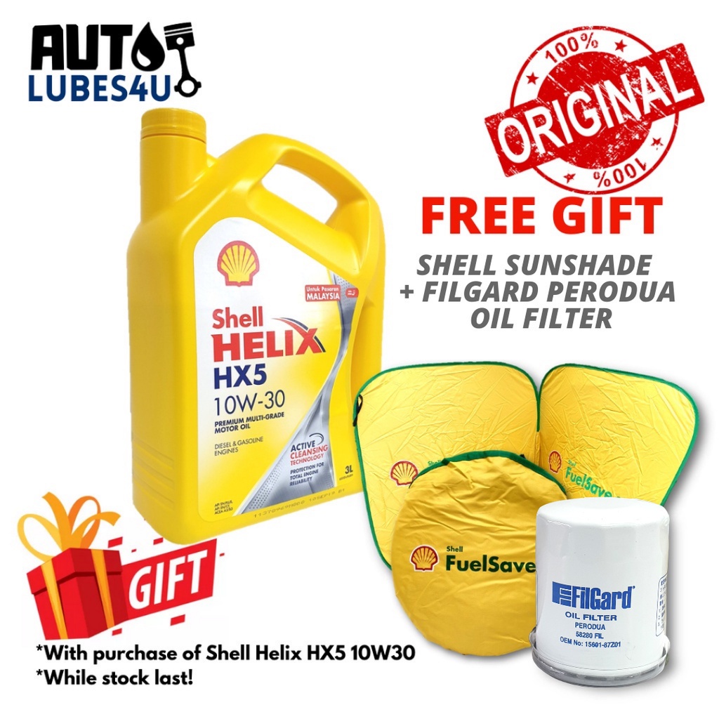 Shell Helix HX5 10W30 3L Mineral (FOC Sunshade + FilGard Perodua Oil ...
