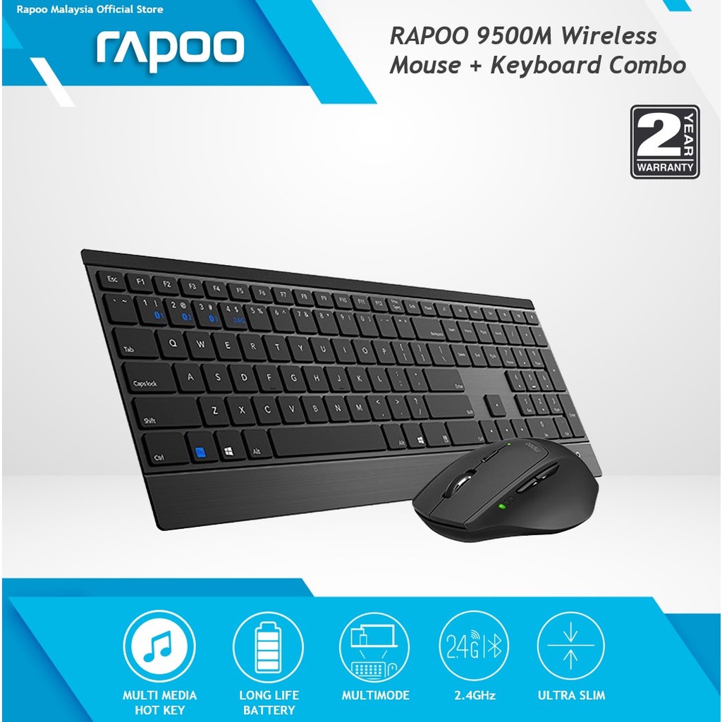 Rapoo 9500M Ultra Slim 2.4GHz Wireless / Bluetooth 3.0, 4.0 Multi Mode Mouse and Keyboard Combo ...