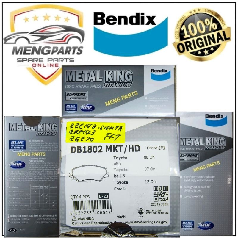 ORIGINAL BENDIX METAL KING TOYOTA ALTIS ZZE142 ZRE142 ZRE143 ZRE172 ...