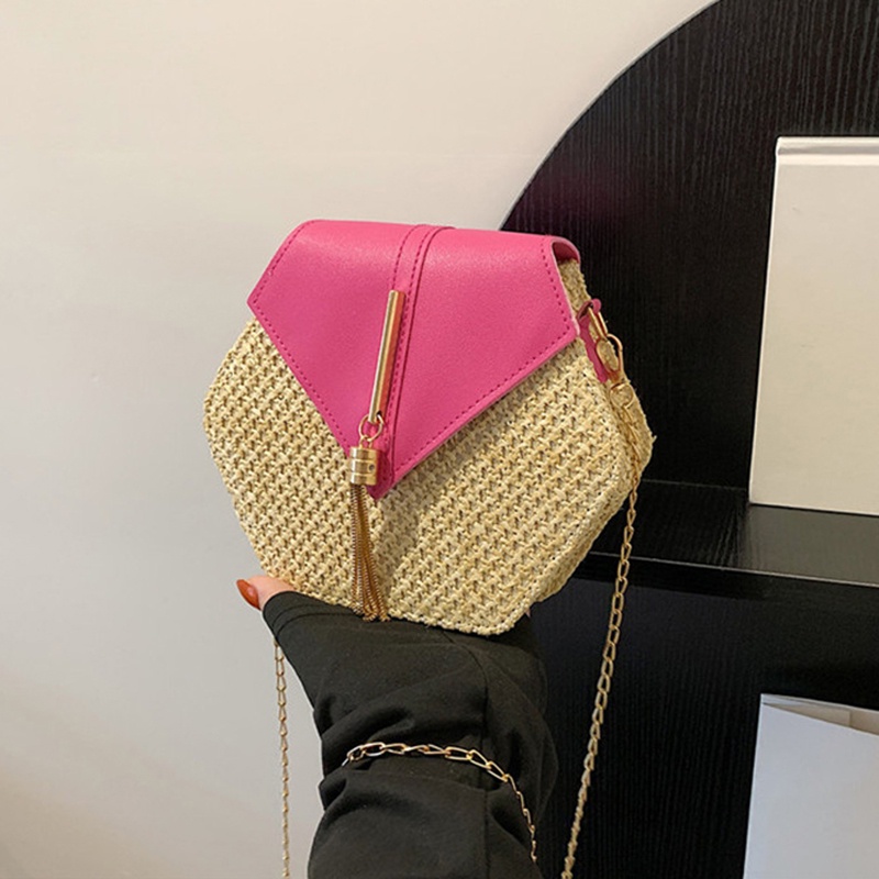 Hexagon Straw Women Summer Rattan Chain Shoulder Bag Handmade Woven ...