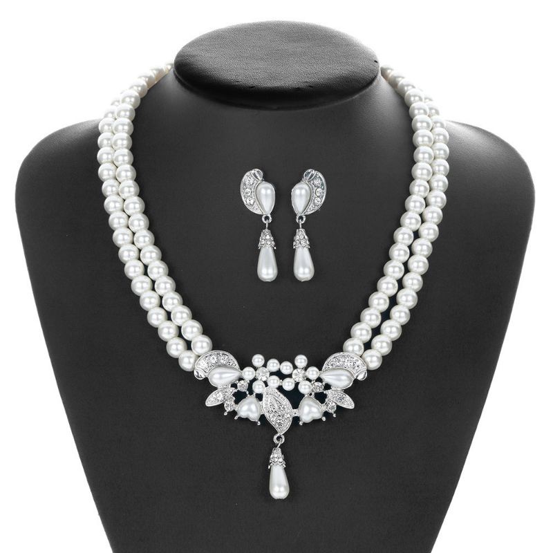 Bridal Jewelry Two-piece Set Necklace Earrings Pearl Set Dinner Rantai ...