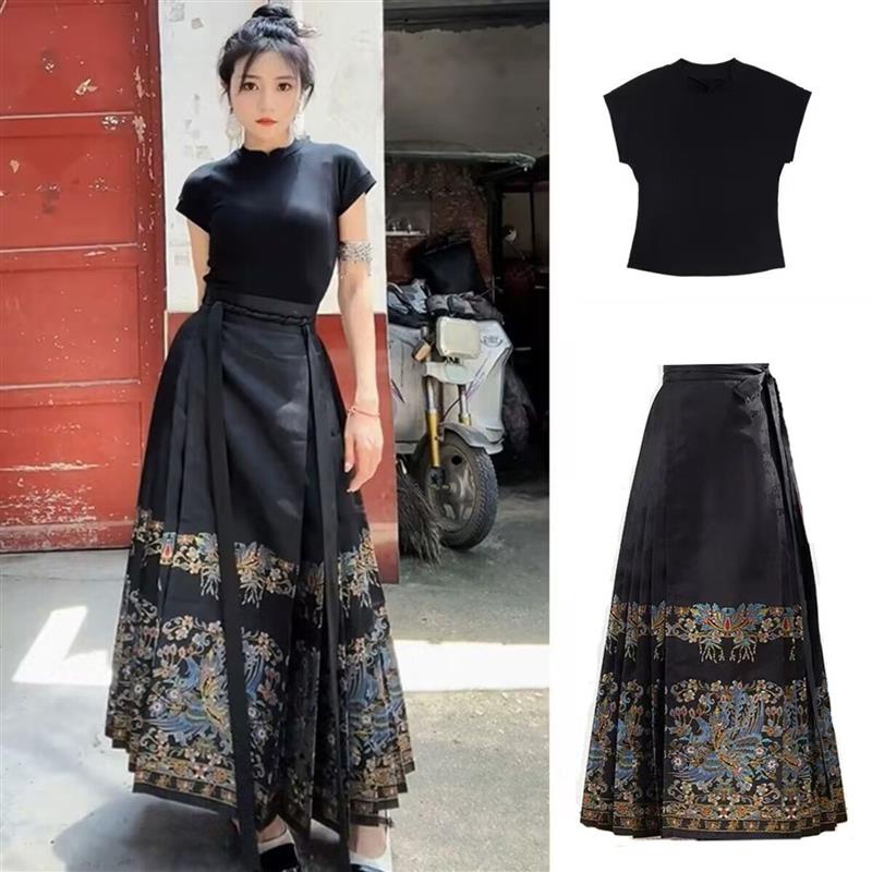 Chinese Style Plus Size Hanfu Improved Short-Sleeve Top+Horse Face ...