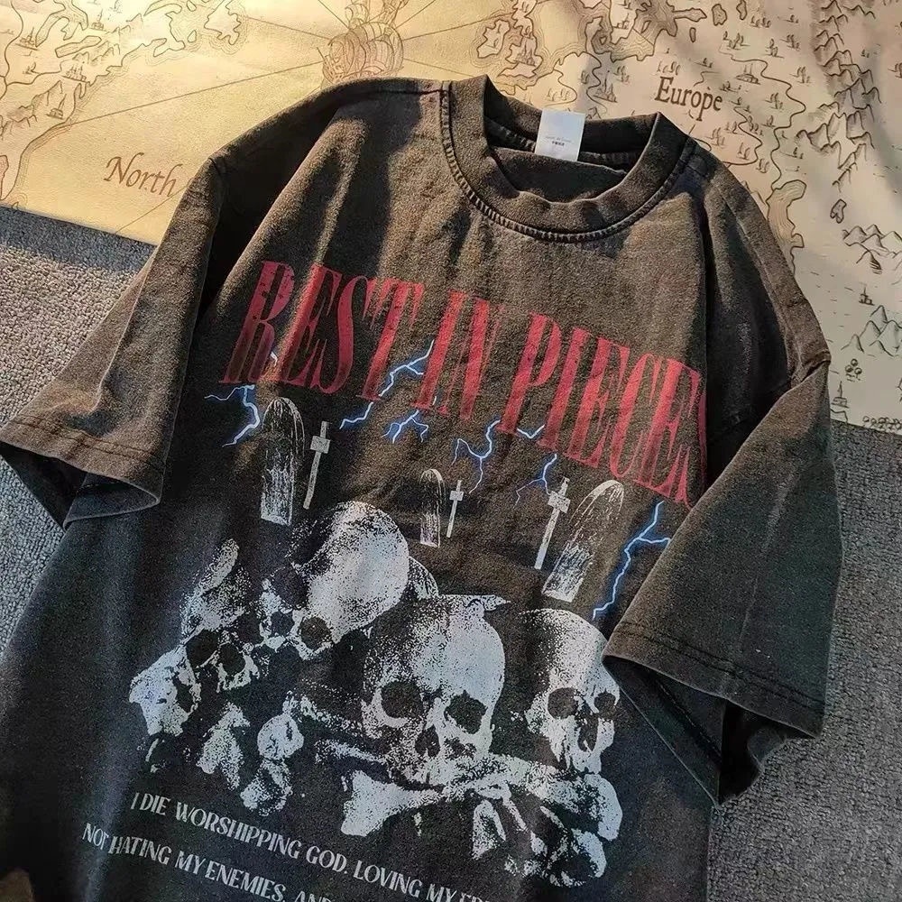 Oversized Men's T-shirts Letter Skull Graphic Print T-shirt Summer Punk ...