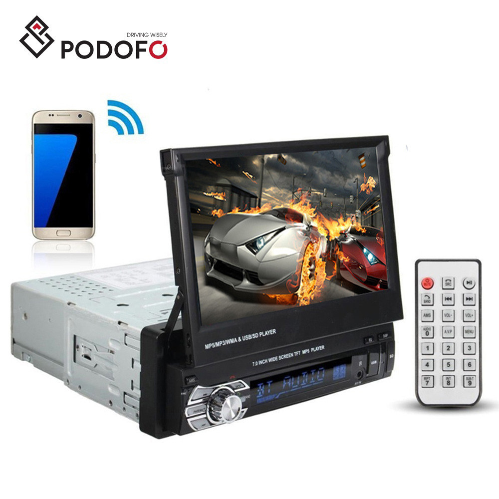 Podofo Car Stereo Audio Radio BT 1Din 7" HD Retractable Front Panel ...