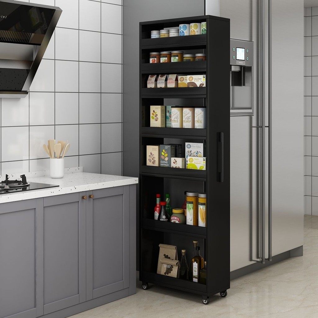 Black 15CM Tall Kitchen Cabinet With Wheels Side Pull-Out Large ...