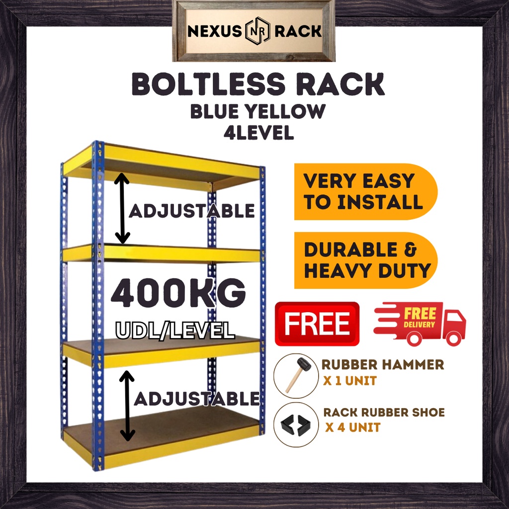 NEXUS [Blue Yellow] 4-Level Boltless Heavy Duty Rack Besi Rak Barang ...