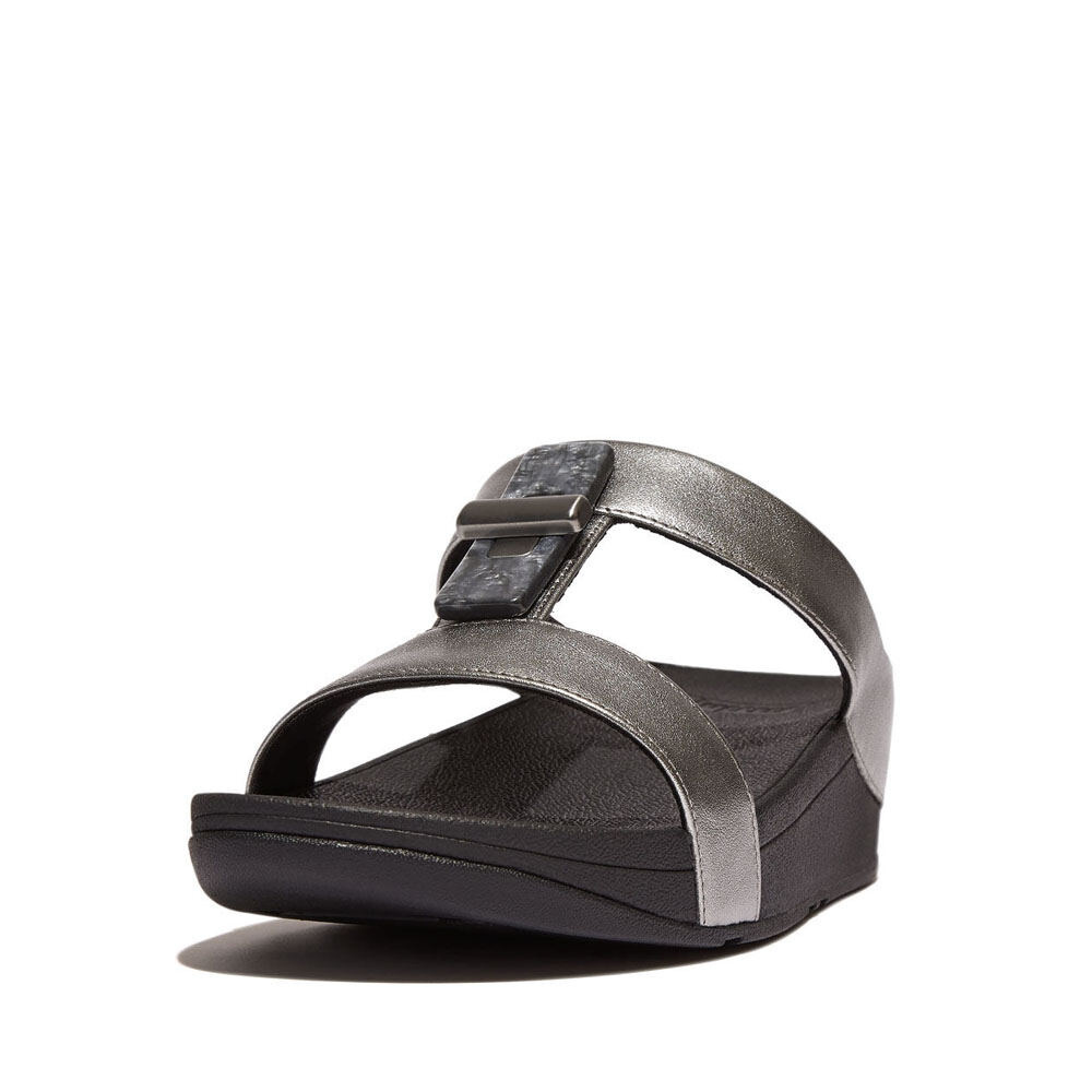FitFlop FINO Women's Resin-Lock Leather H-Bar Slides - Classic Pewter ...