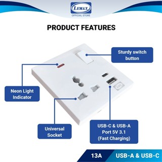 LMX 13A USB-A & USB-C Multi Switch Socket Wall Socket 2 x USB Socket ...