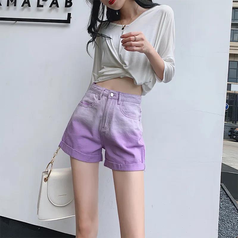 Purple Gradient Denim Shorts Women's High Waist Slimming 202 ...