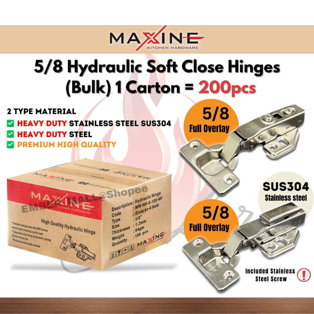 [Carton*200pcs] MAXINE 5/8 Heavy Duty Soft Close Hydraulic Hinge Full ...