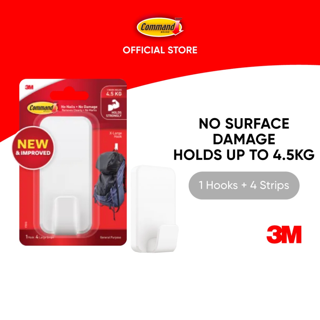 3M™ Command™ Utility Hooks, 17010, Holds Up to 4.5kg, 1 hook + 4 strips ...