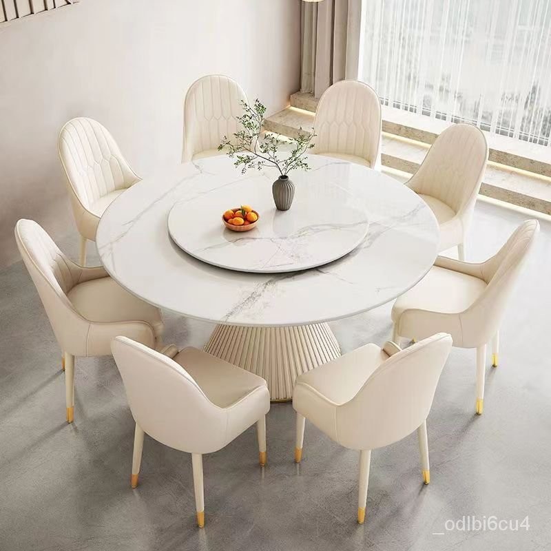 High-End Cream Style Stone Plate Dining Table Nordic round Table with ...