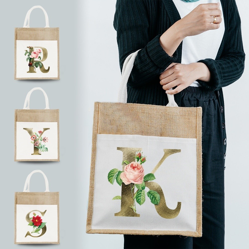 Jute bag Portable Imitation Sacks Golden Flower Letter Shopping Bags ...