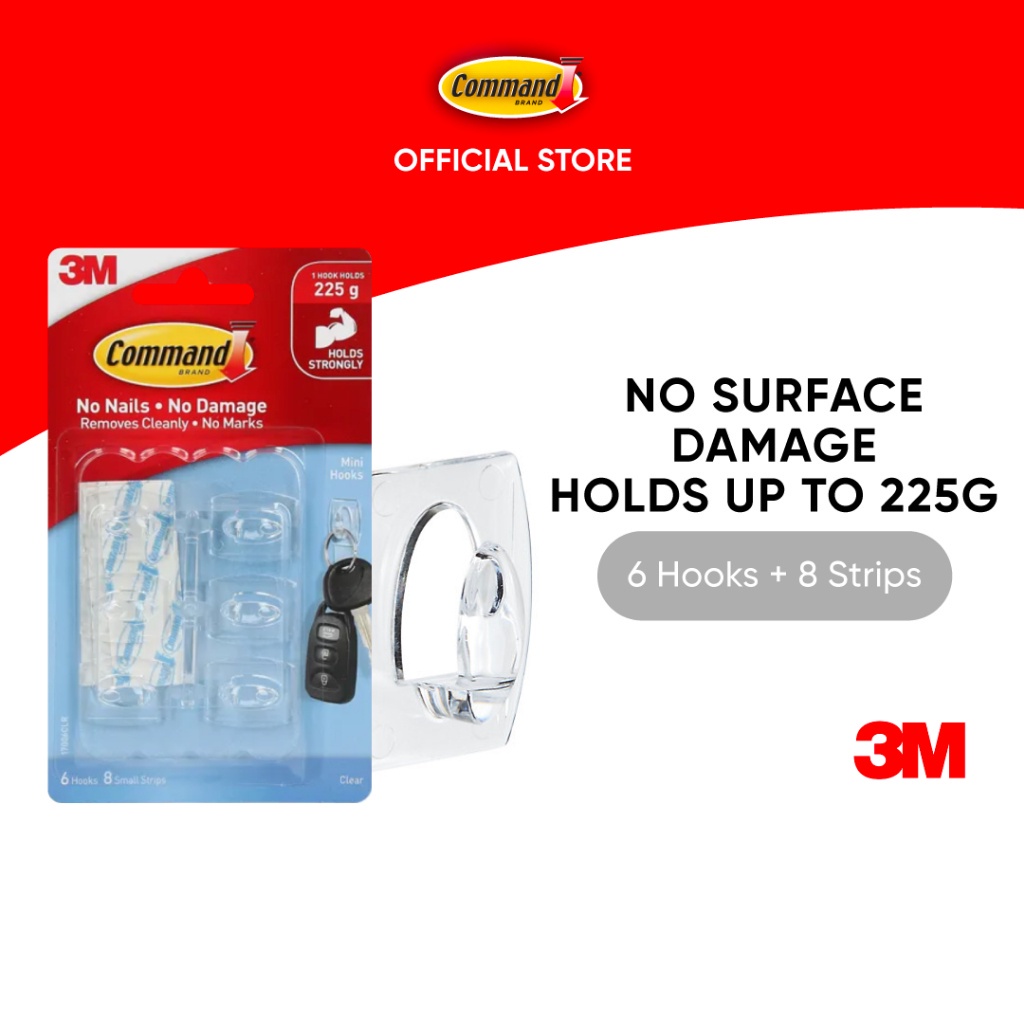 3M™ Command™ Clear Mini Hooks, 17006CLR, Holds Up to 225g, 6 hooks + 8 ...