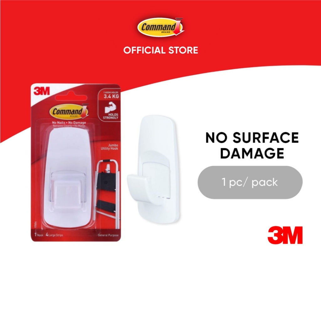 3M™ Command™ Utility Hooks, 17004, Holds Up to 3.4kg, 1 hook + 4 strips ...