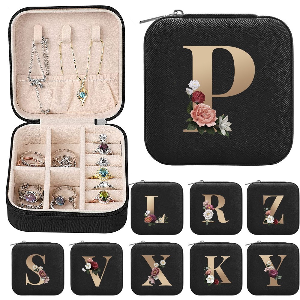 Zippered Women's Jewelry Case Storage Box Portable Gold Pattern Series Travel Necklace Ring ...