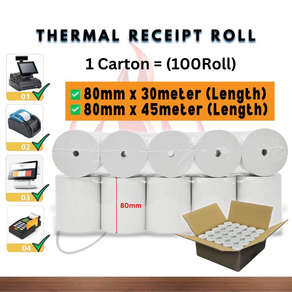 (*Carton) Coreless Thermal Receipt Roll 80mm x 30m/45m /收银纸 / Cashier ...
