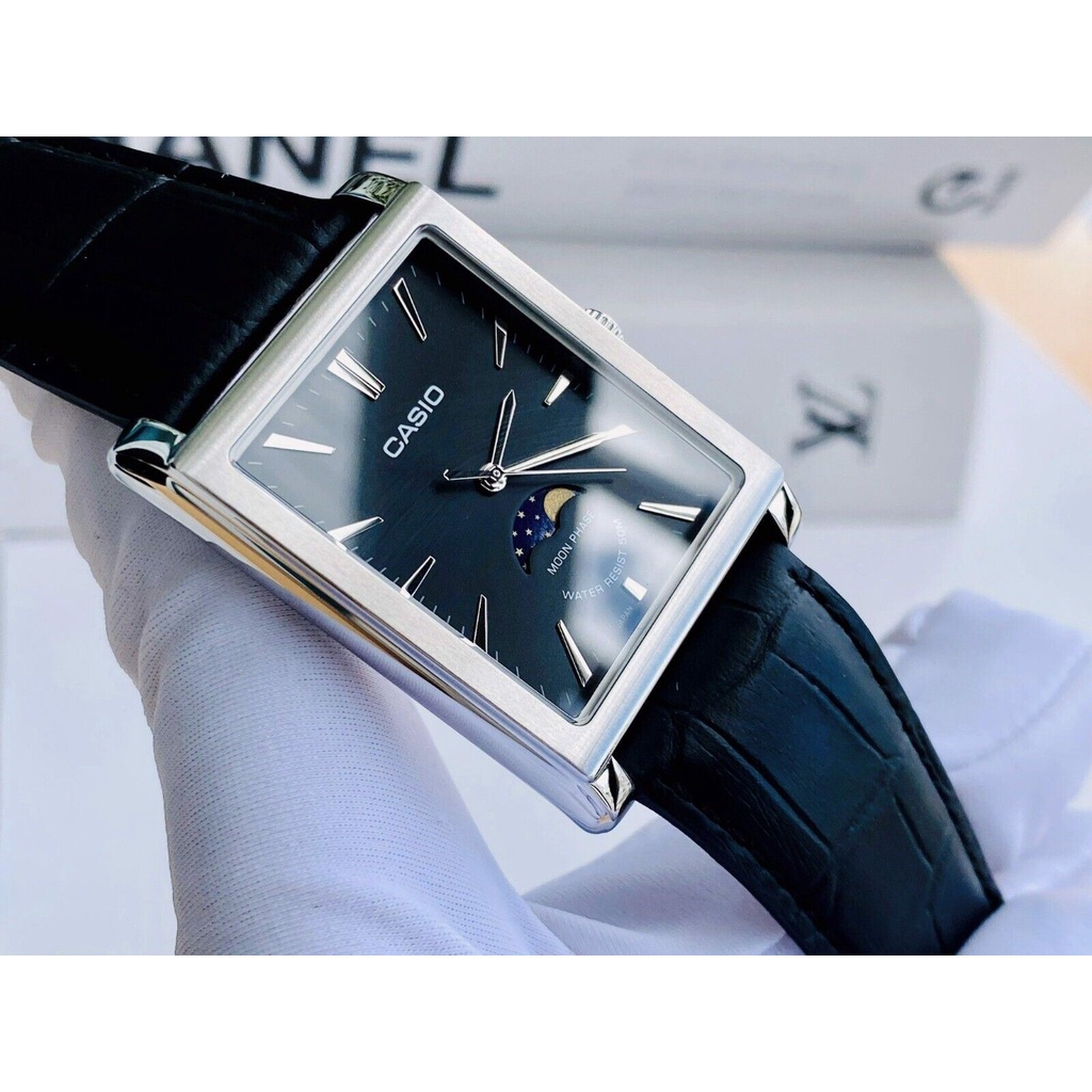 Casio MTP-M105L-1A Black Analog Moon Phase Rectangle Leather Casual ...