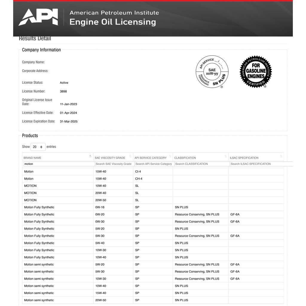 MOTION API SP Semi Synthetic Engine Oil Car Lubricant (10W40/3L/4L ...