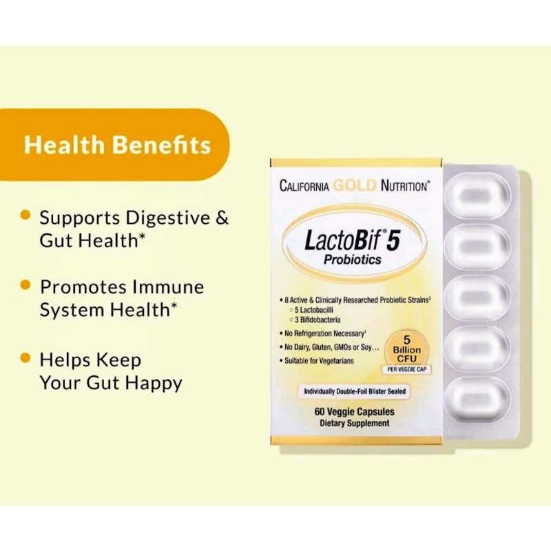 LactoBif 5 Probiotics, 5 Billion CFU, 60 Veggie Capsules Bifidobacteria ...