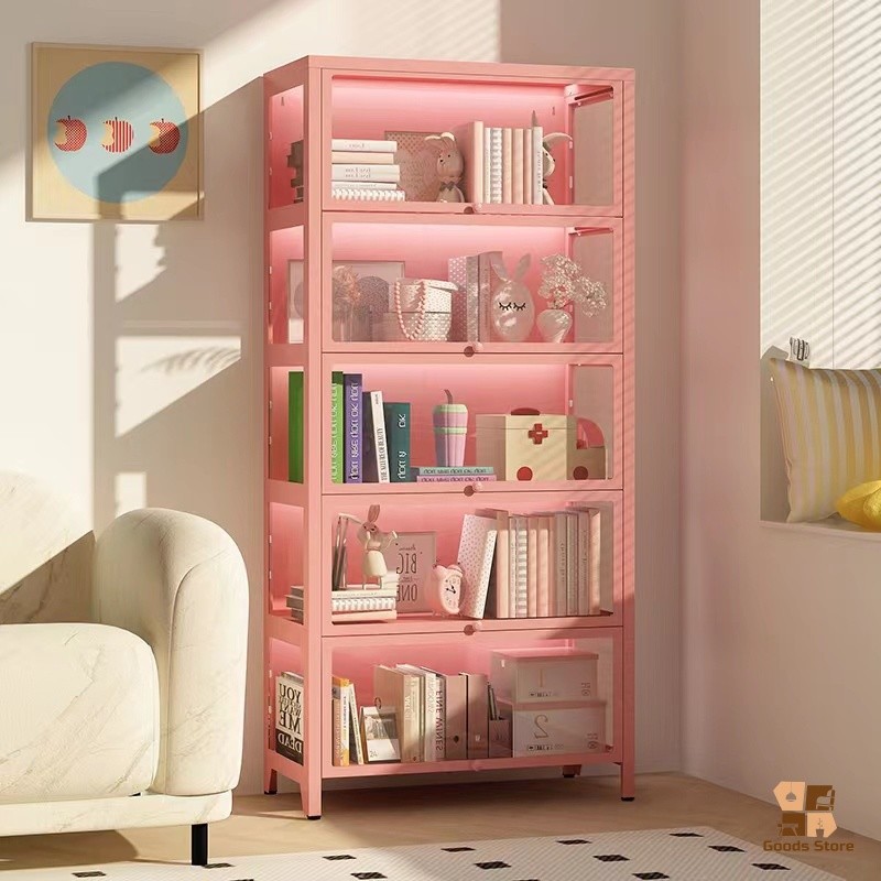 Pink storage cabinet with glass door living room transparent bookshelf ...