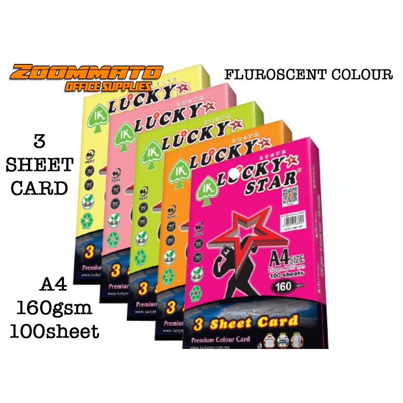 A4 IK LUCKY STAR 3 SHEET CARD ( FLUORESCENT COLOUR ) 160gsm 100'S ...