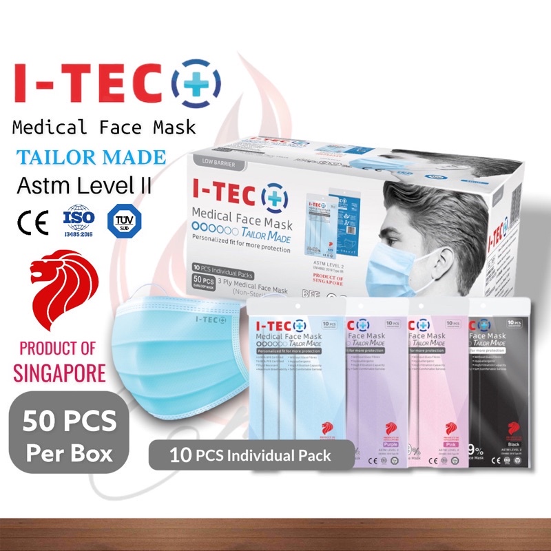 iTEC 3 Ply Medical Earloop Face Mask (Blue/Purple/Pink/Black) 10Pcs ...