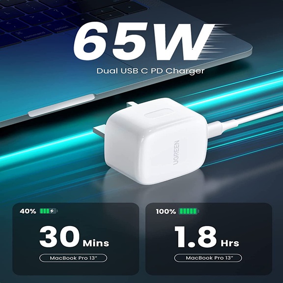 UGREEN 2 USB C Ports 65W PD GaN Tech Charger / Type C Fast Wall Power ...