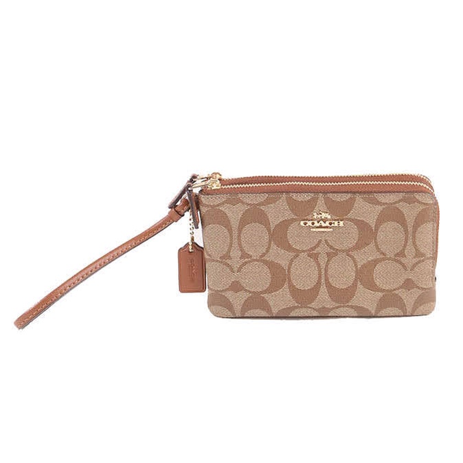 Coach Signature Double Zip 87591 Corner Zip Wristlet In Khaki Redwood ...
