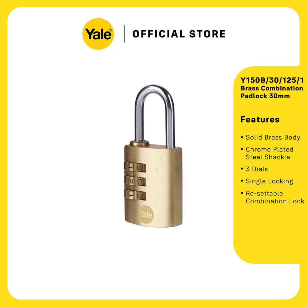 Yale Y150B 30mm Outdoor Brass Combination Padlock with Chrome Steel ...