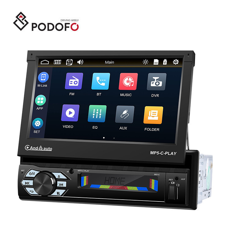 Podofo 1 Din Car MP5 Player 7" Motorized Retractable Touch Screen Car Radio Stereo Carplay ...