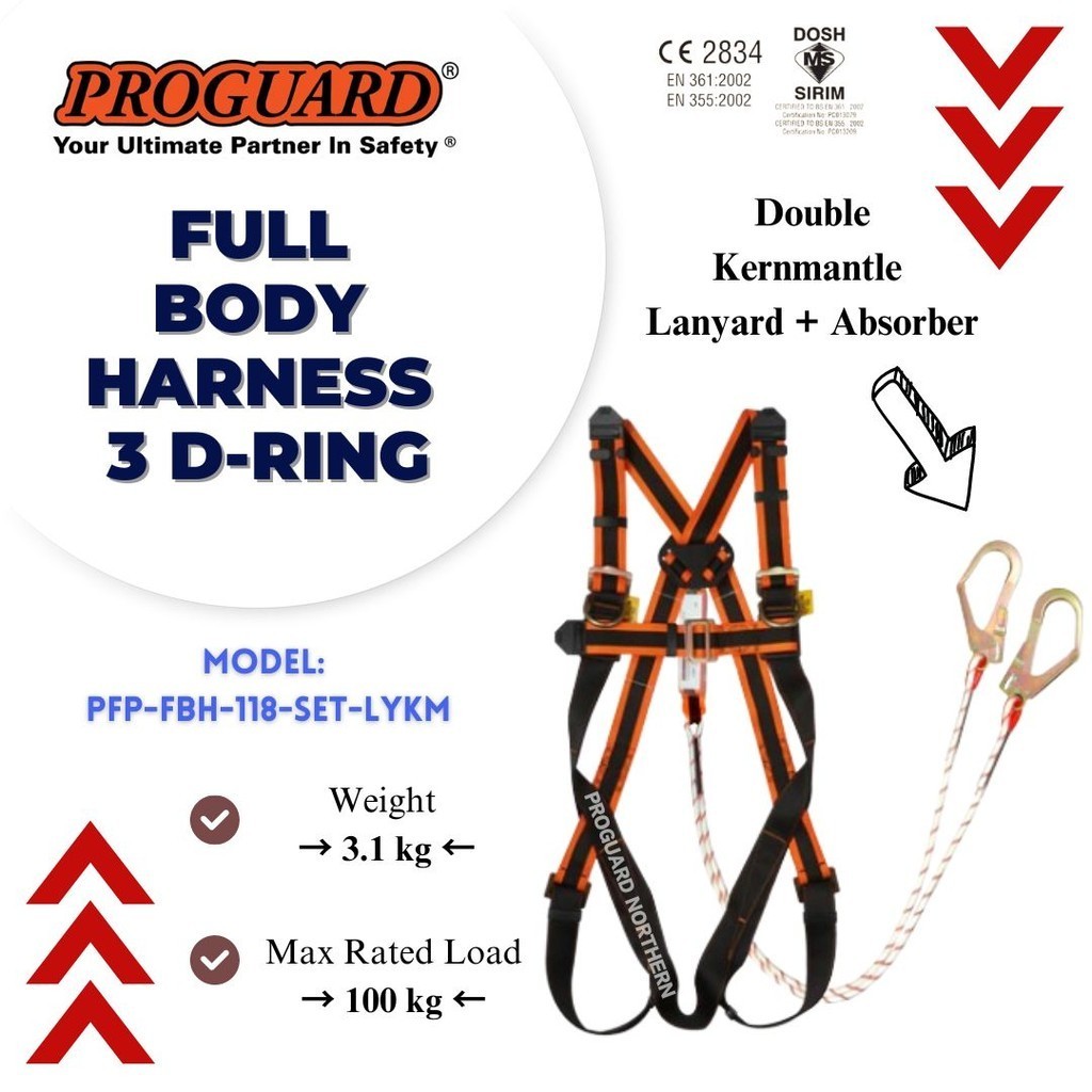 3 D-Ring Full Body Harness - 1.8m Double Kernmantle Lanyard & Absorber ...