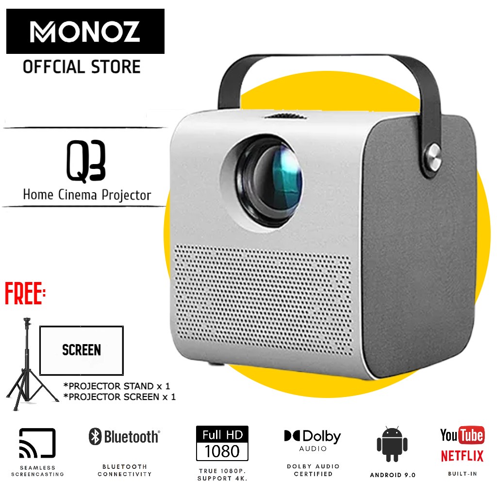 🔥Ship in 12Hrs🔥 MONOZ Style Smart Android Projector Q3 PRO 2K UHD 8100 ...