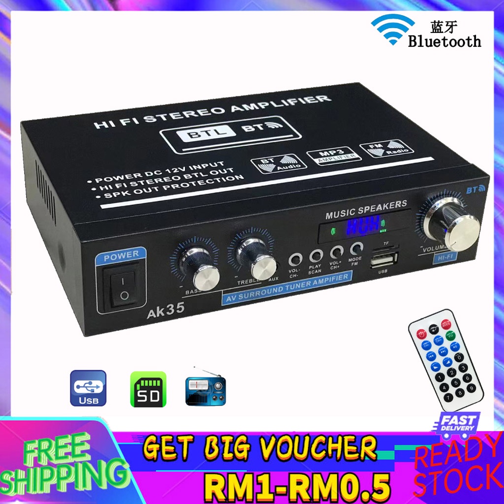 AK35 800W Bluetooth 5.0 Audio Power Amplifier 2 Channel Stereo Receiver ...