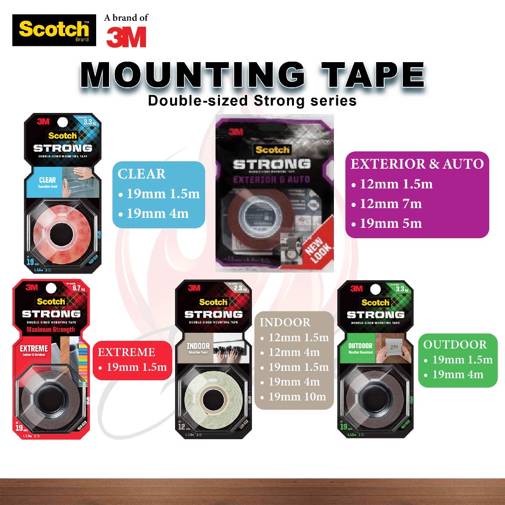 3M SCOTCH Strong Double-sided Mounting Tape Clear / Exterior & Auto / Extreme / Indoor / Outdoor ...